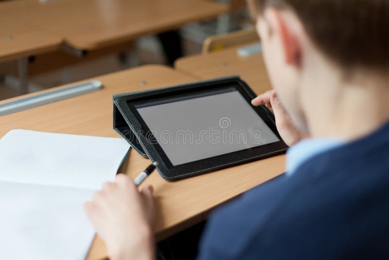 Student and Tablet in Classroom Stock Photo - Image of modern, male ...