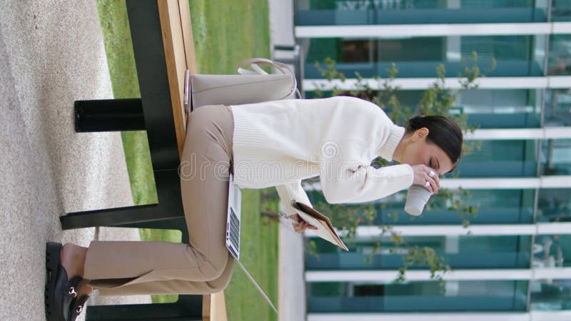 Student Taking Coffee Break from Online Studying Sitting Bench Vertical ...