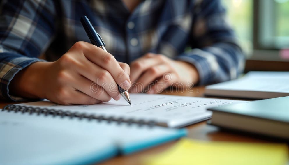 Student Taking Notes Diligently during Study Session. Focused ...