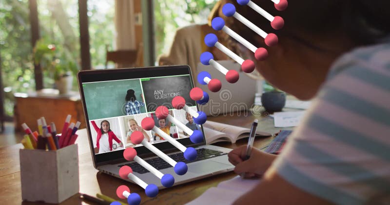 Student Taking Notes during Online Class with DNA Strand Animation ...