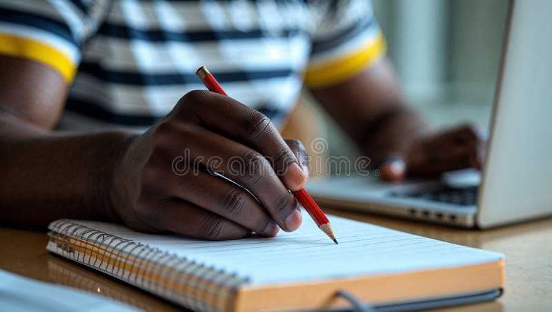 Student Taking Notes while Studying on Laptop, Close Up of Hand Writing ...