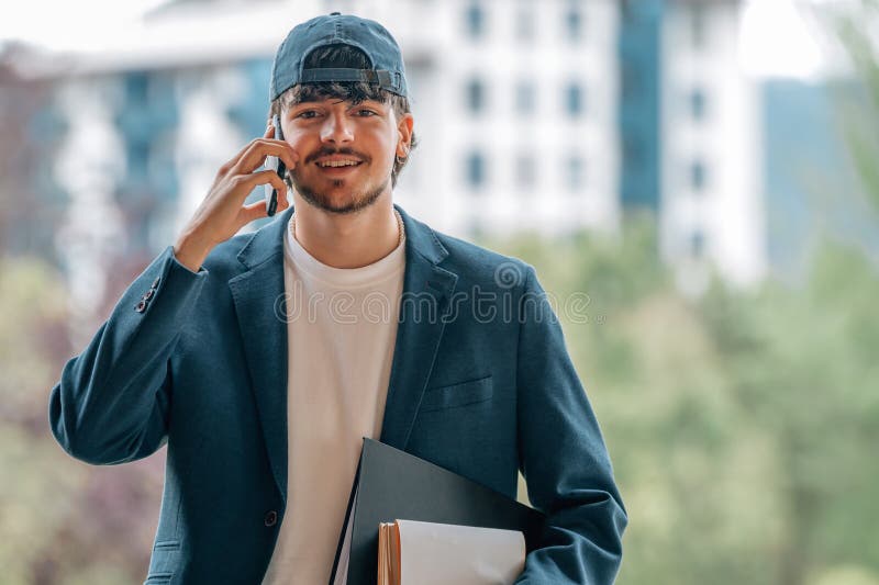 Student Talking on Mobile Phone in the Street Stock Photo - Image of ...