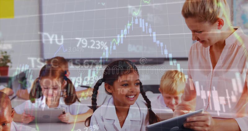 Student Tapping Tablet Screen Triggers Finance Chart Overlaying Class ...