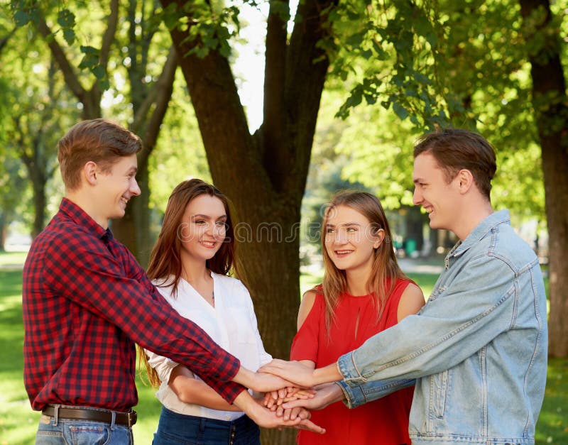 Student Teamwork. Closeup of Hans Together Stack Stock Photo - Image of ...