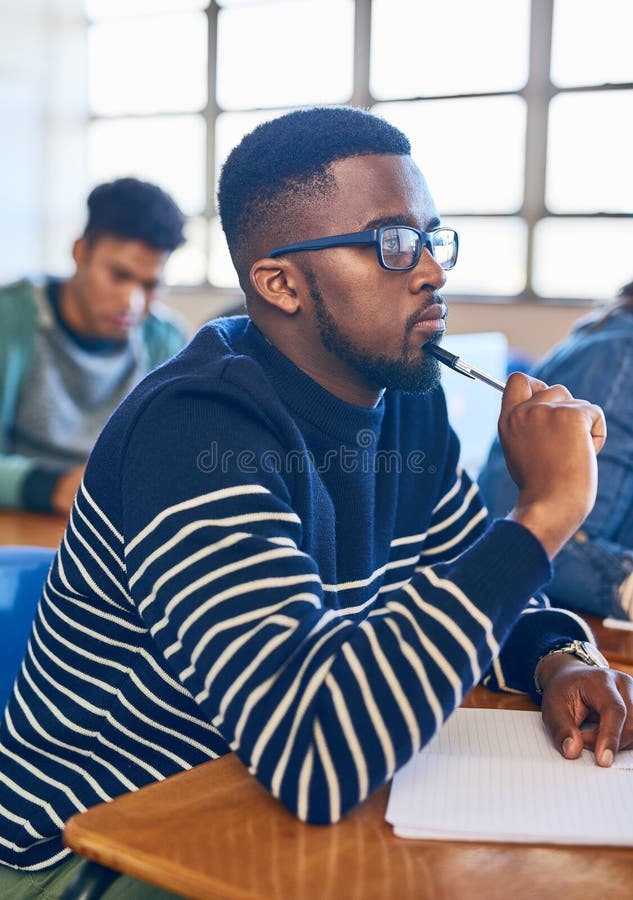 Student, Thinking and Black Man in College Classroom for Education ...