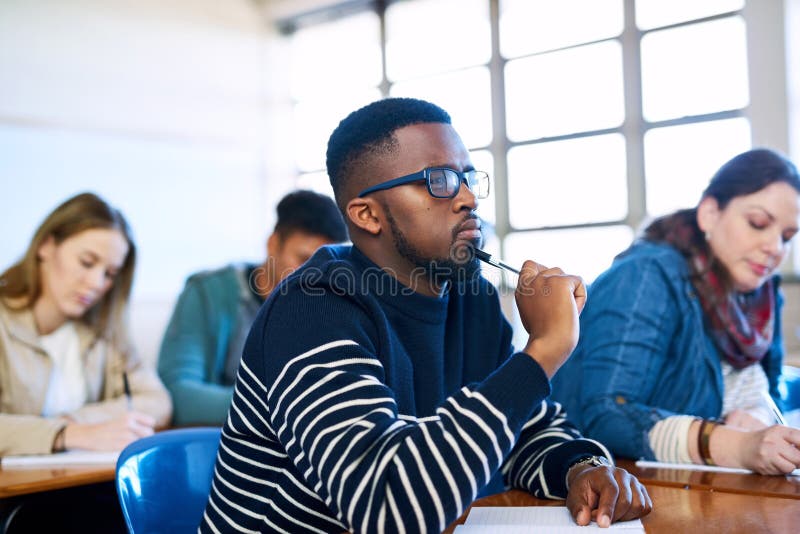 Student, Thinking and Black Man in University Classroom for Education ...