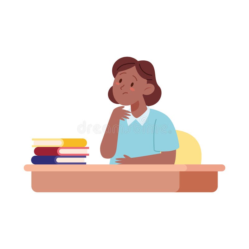 Student Thinking at Desk with Books Stock Illustration - Illustration ...