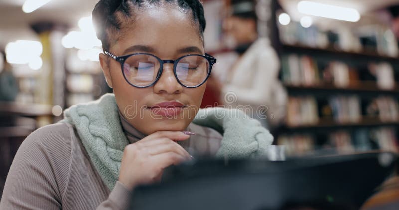 Student, Thinking and Woman in Library, Pc and Decision with Education ...