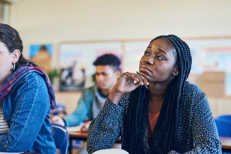 Student, Thinking and Woman in University Classroom for Education, Test ...