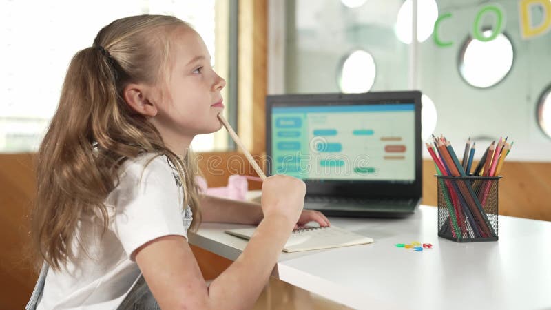 Student Thinking while Writing or Doing Homework by Using Laptop ...