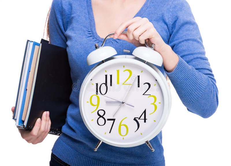 Happy Young Student Looking Clock With Books Stock Photo - Image of ...