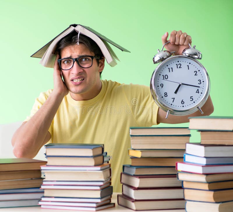 Student with Too Many Books To Read before Exam Stock Image - Image of ...