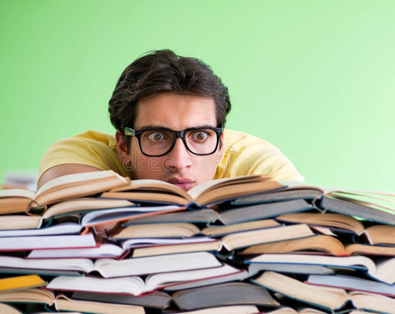 Student with Too Many Books To Read before Exam Stock Image - Image of ...