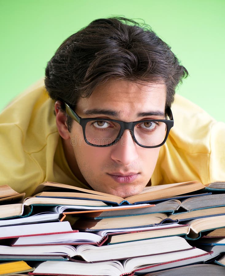 Student with Too Many Books To Read before Exam Stock Image - Image of ...