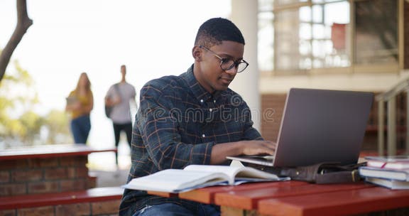 Student, Typing and Man in Campus with Laptop, Test and Research for ...