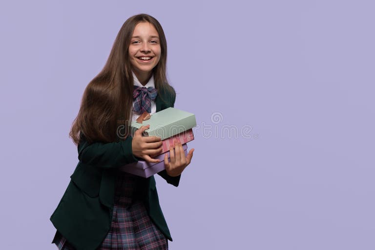 Student in Uniform Holding Colorful Gift Boxes Stock Photo - Image of ...