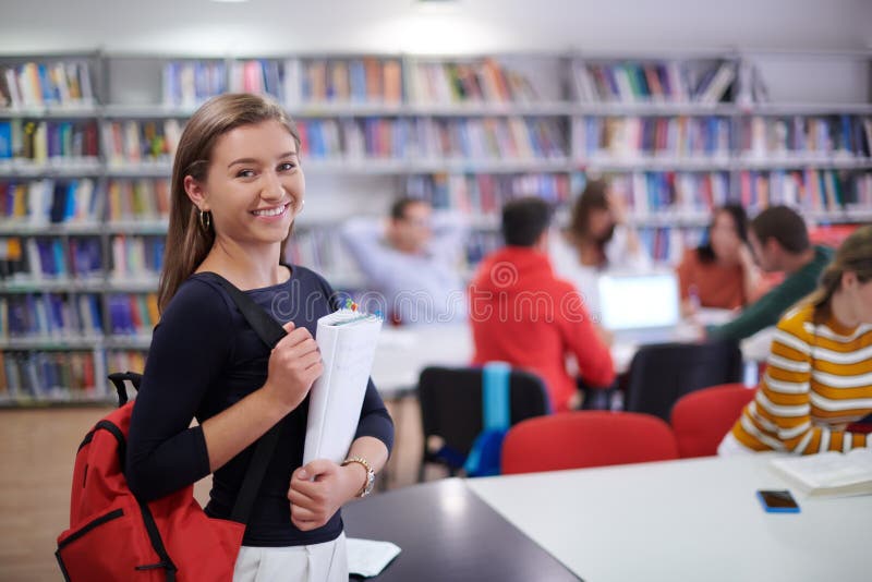 The Student Uses a Notebook and a School Library Stock Photo - Image of ...
