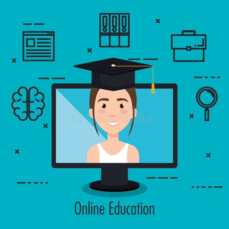 Student Using Computer Desktop Electronic Education Stock Vector ...