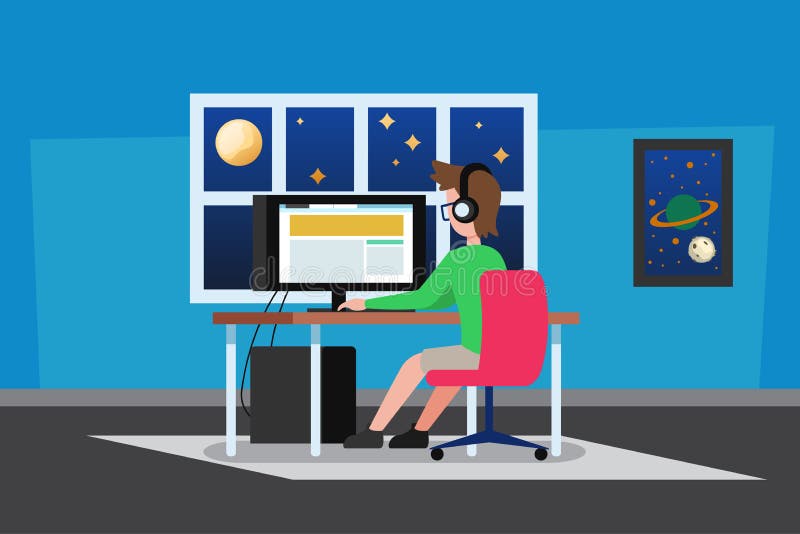 Student Using Computer and Headphones Vector Illustration Stock Vector ...