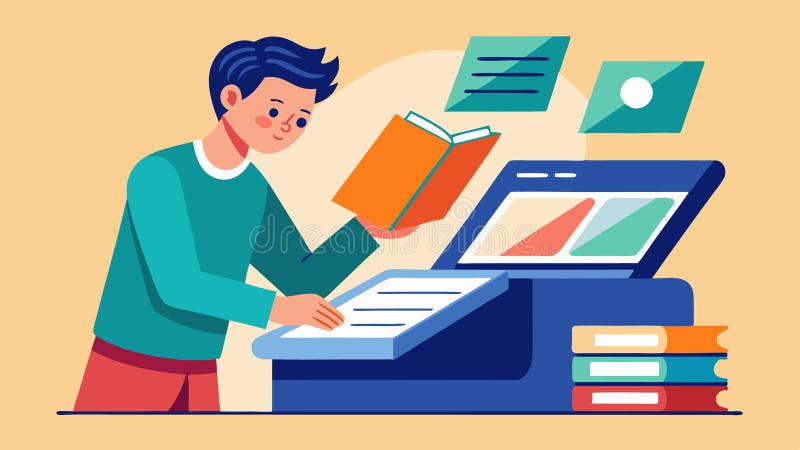 A Student Using a Digital Scanner To Make Copies of a Book.. Stock ...