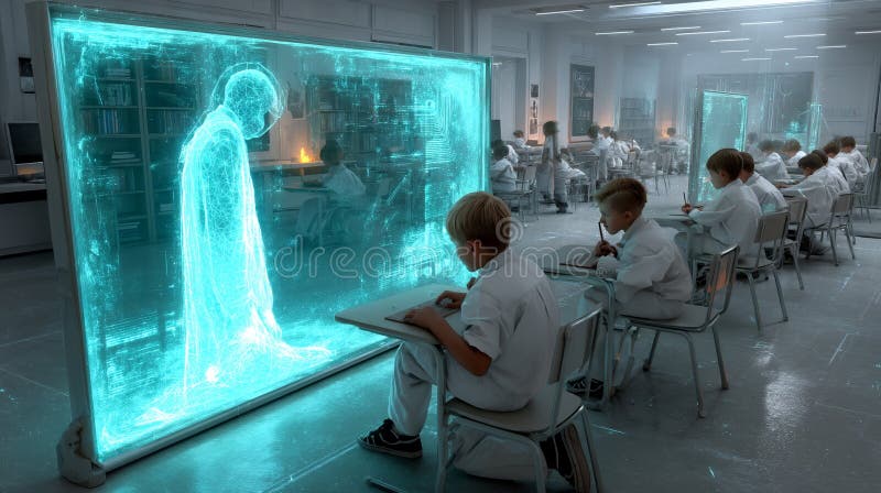 Student Using Hologram in Futuristic Classroom while Taking Notes Stock ...