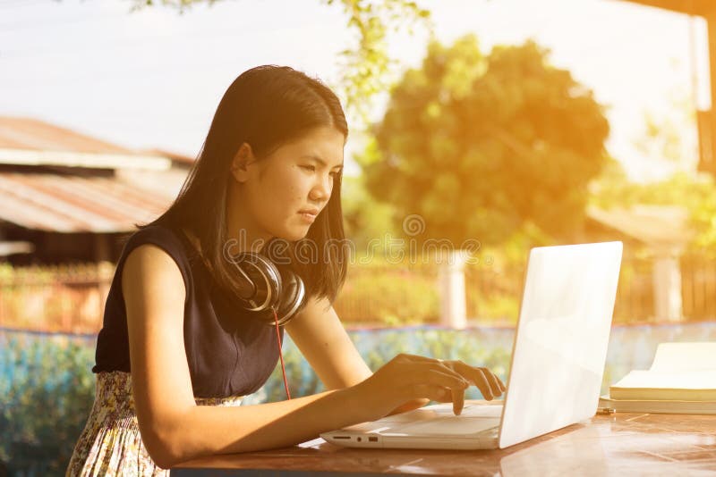 Student using laptop stock image. Image of woman, college - 90104343