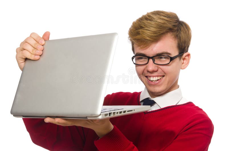 Student Using Laptop Isolated on White Stock Photo - Image of merry ...