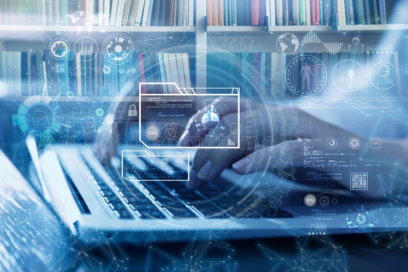 Student Using Laptop in Library and Illustration of Virtual Icons ...