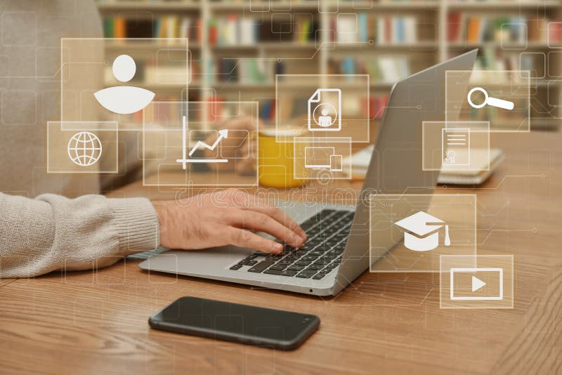 Student Using Laptop in Library and Illustration of Virtual Icons ...