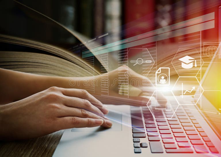 Student Using Laptop in Library and Illustration of Virtual Icons ...