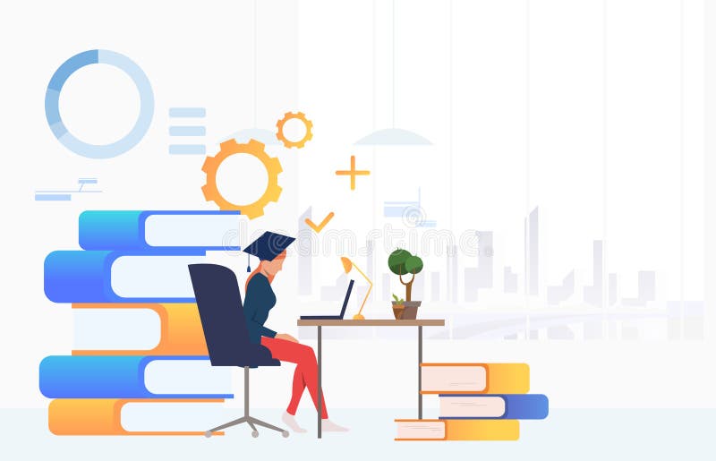 Student Using Computer and Headphones Vector Illustration Stock Vector ...