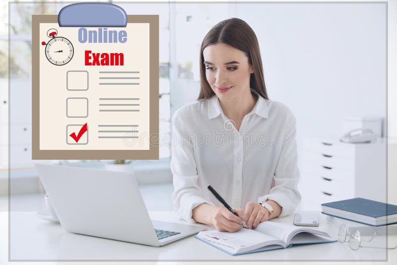 Student Using Laptop at Table. Online Exam Stock Image - Image of ...