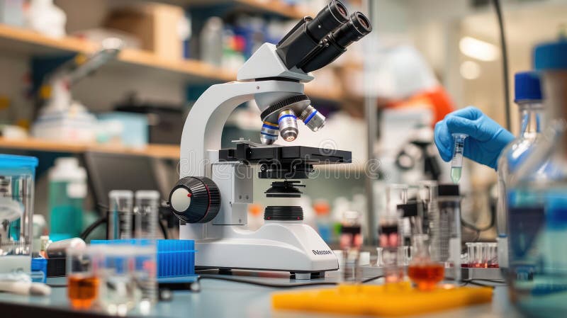 A Student Using a Microscope in a Science Lab, with Test Tubes and ...