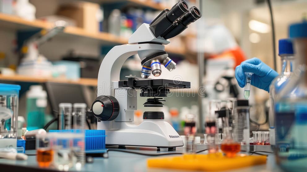 A Student Using a Microscope in a Science Lab, with Test Tubes and ...