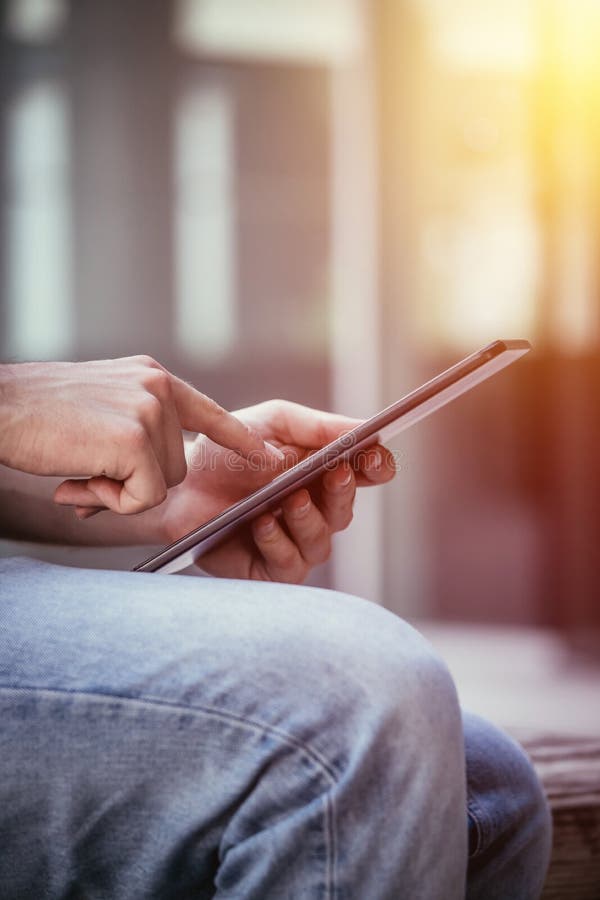 Student Using a Tablet Pc on the Campus. Outdoors, Urban Feeling, Close ...