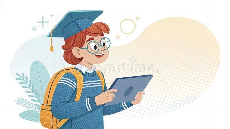 Student Using Tablet Wearing Graduation Cap and Backpack Stock ...