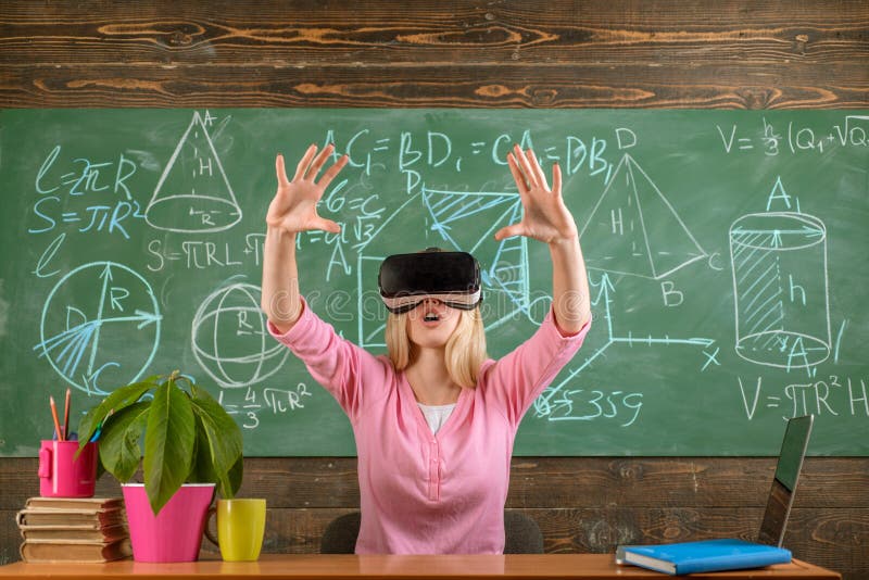 Student with VR Glasses in Classroom Near Blackboard, Stock Photo ...