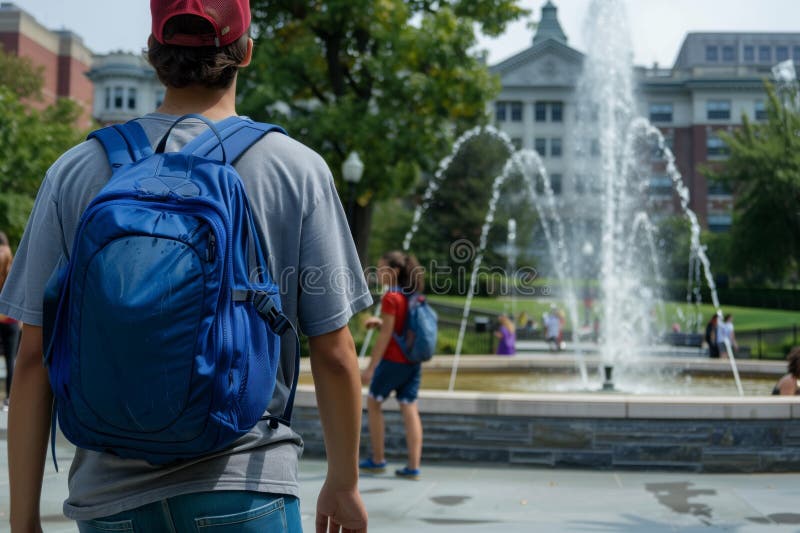Student Walking with a Blue Backpack Near Campus Fountain Stock Image ...