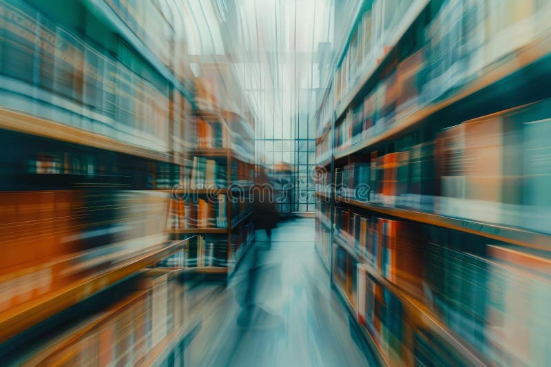 Student Walking in Blurred Motion through Library Bookshelves Stock ...