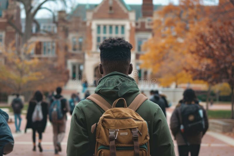 Student Walking on Campus with Autumn Scenery in the Background Stock ...