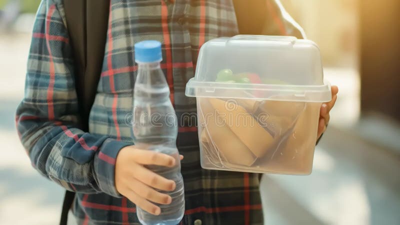 Student Walking Campus Path, Carrying Lunch Box with Sandwich, Water ...