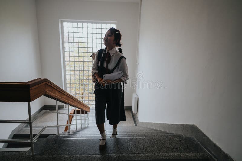 Student Walking Up School Staircase Holding Books and Backpack Stock ...