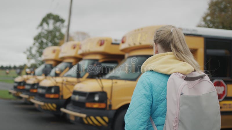 A Student Walks Along a Row of Yellow School Buses Stock Video - Video ...