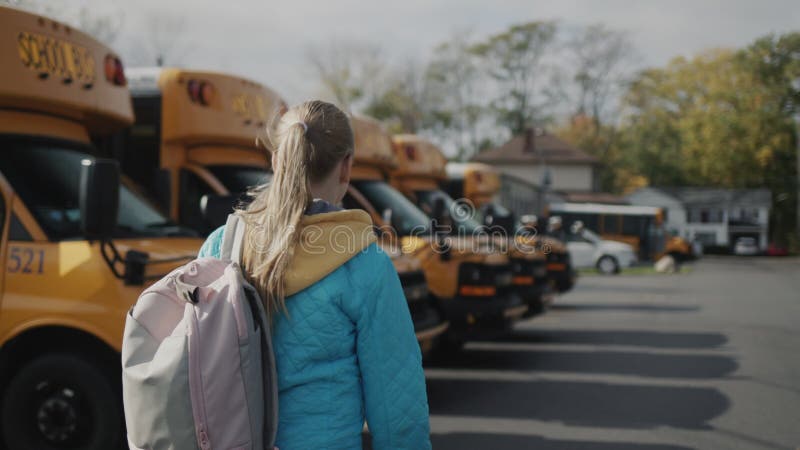 A Student Walks Along a Row of Yellow School Buses. Back View Stock ...