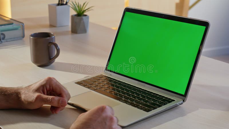 Student Watching Chroma Key Laptop in Modern Home Workplace Closeup ...
