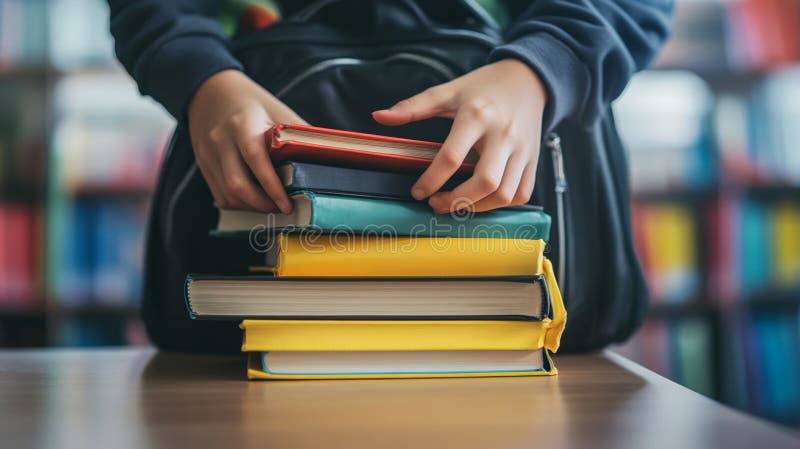 Student Wearing Backpack Organizing Colorful Textbooks on Wooden ...
