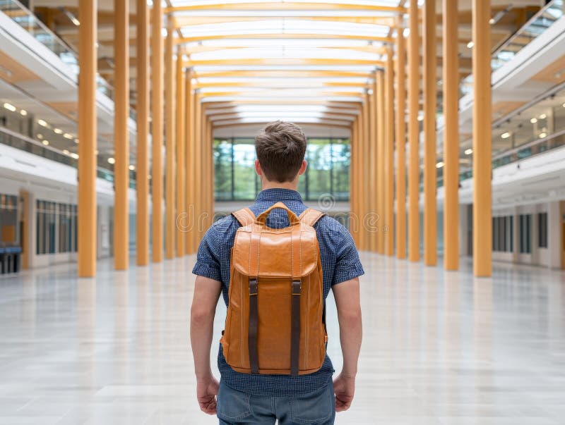 Student Wearing Backpack Walking through Modern University Hallway ...