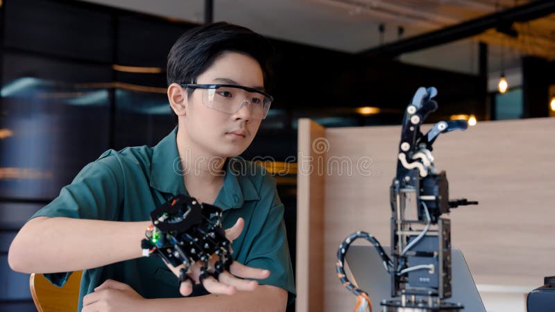 Student Wearing Wireless Controller Moves Robotic Hand. Move Hand Back ...