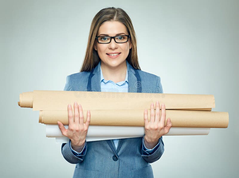 Student Woman Architect Holding Paper Plan. Stock Image - Image of ... Student Woman Architect Holding Paper Plan. Stock Image - Image of ...