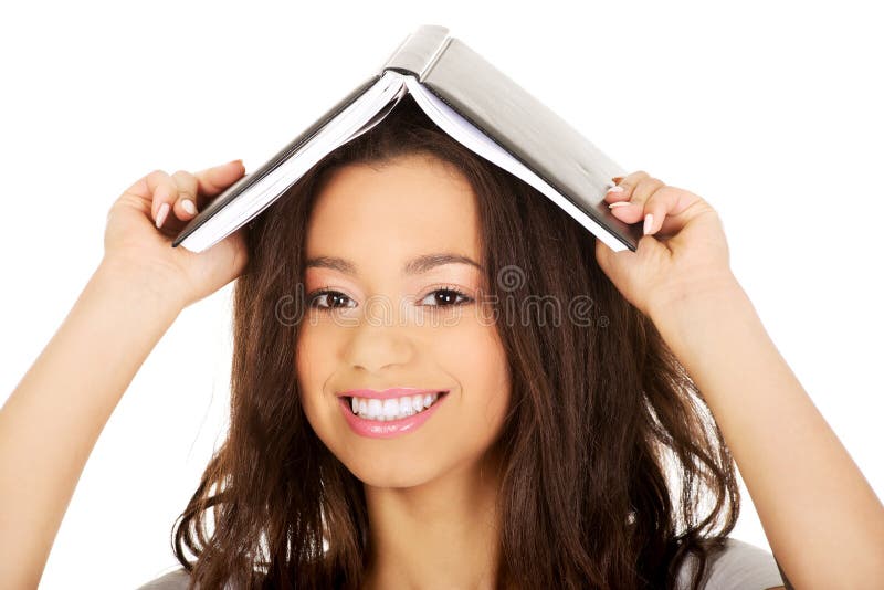 Student Woman with a Book on Head. Stock Photo - Image of notes, female ...